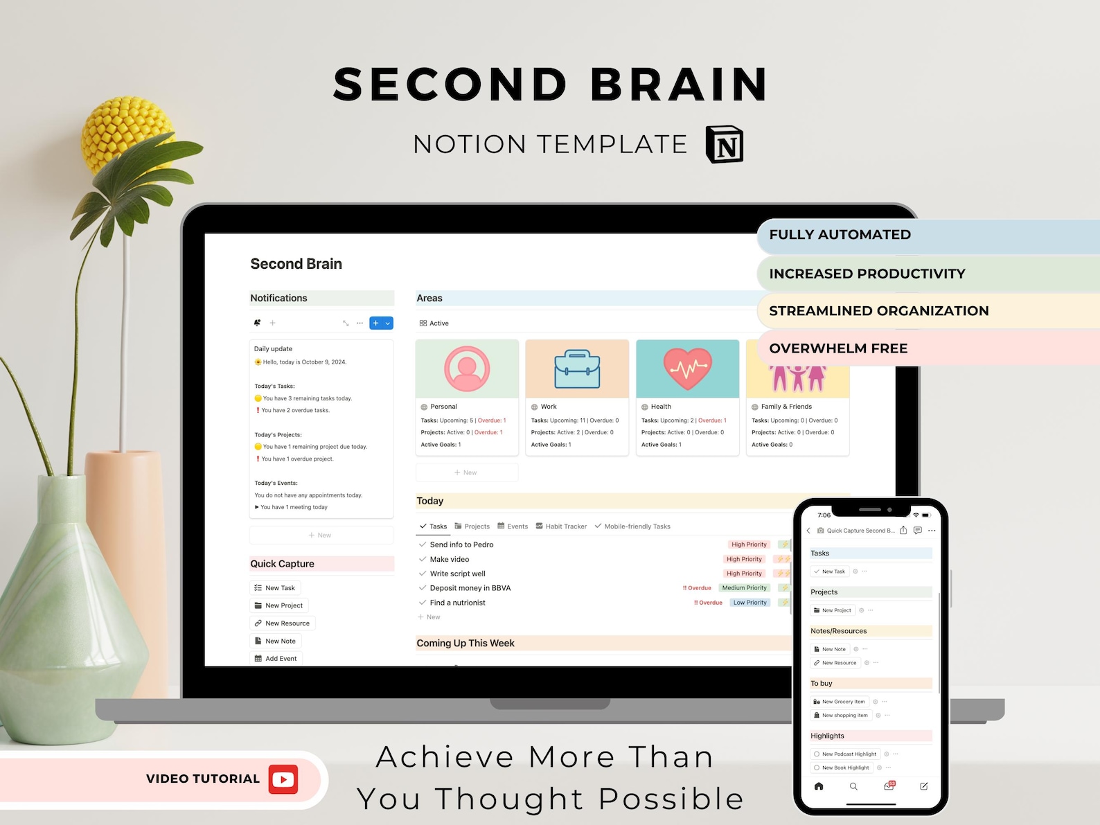 Second Brain Notion Template Life Planner ADHD Daily Tasks Lists ...