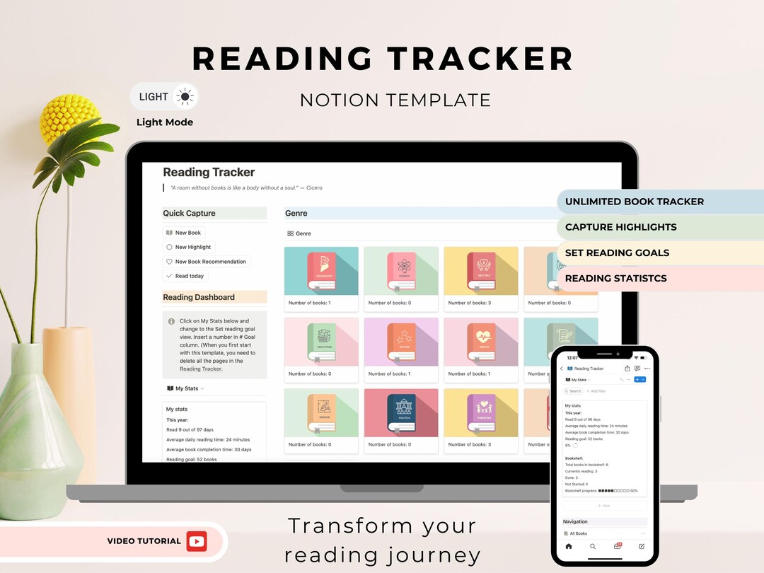 Digital Reading Journal Notion Template, Book Tracker, Notion Bookshelf Dashboard, iPad Planner ...