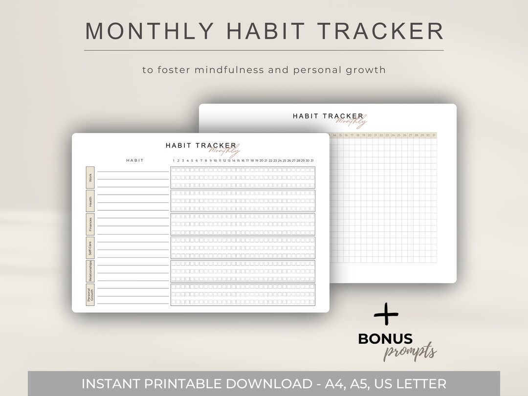Minimalist Monthly Habit Tracker Printable, Bonus Prompt Guide, Digital ...