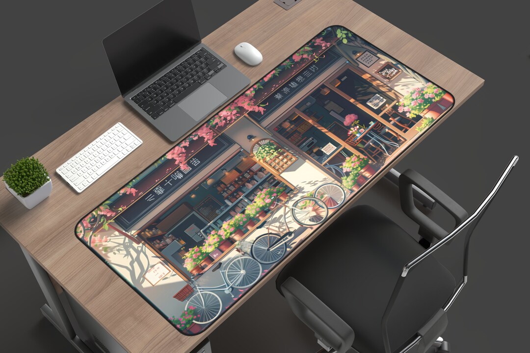 Tranquil Japanese Street Café Desk Mat, Japanese Desk Mat, Café Desk ...