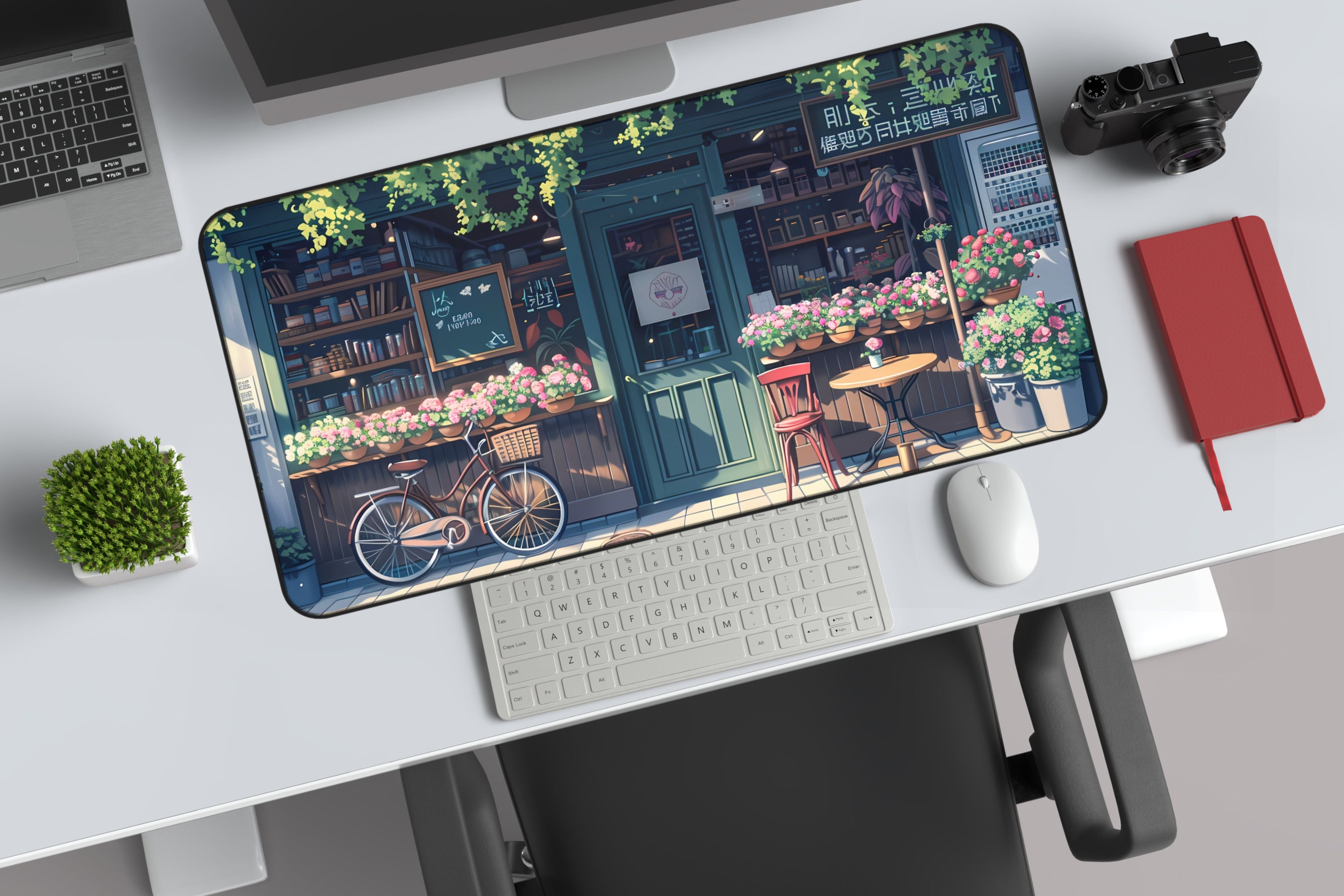 Vintage Bookstore Café Scene Desk Mat, Japanese Desk Mat, Bookstore ...