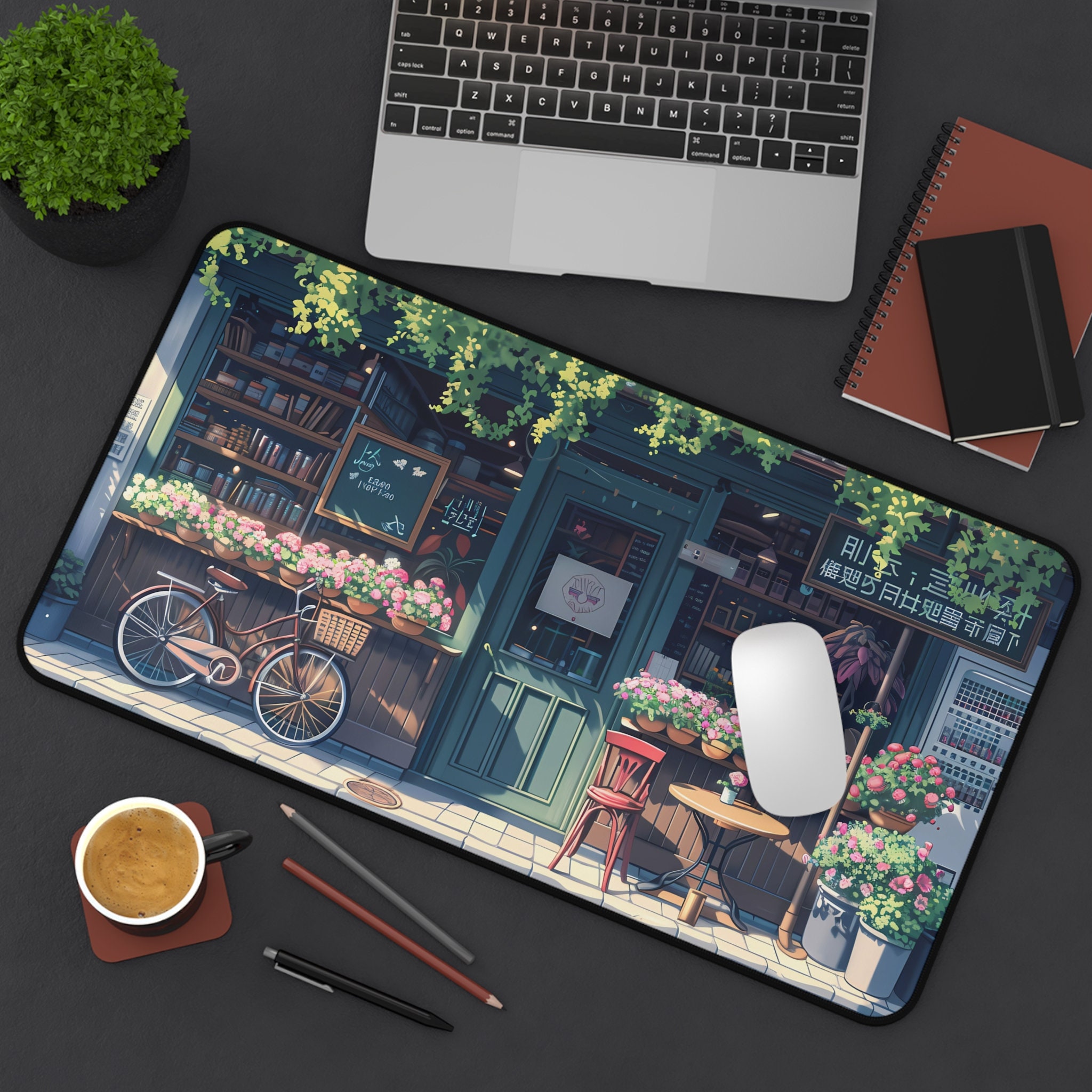 Vintage Bookstore Café Scene Desk Mat, Japanese Desk Mat, Bookstore ...