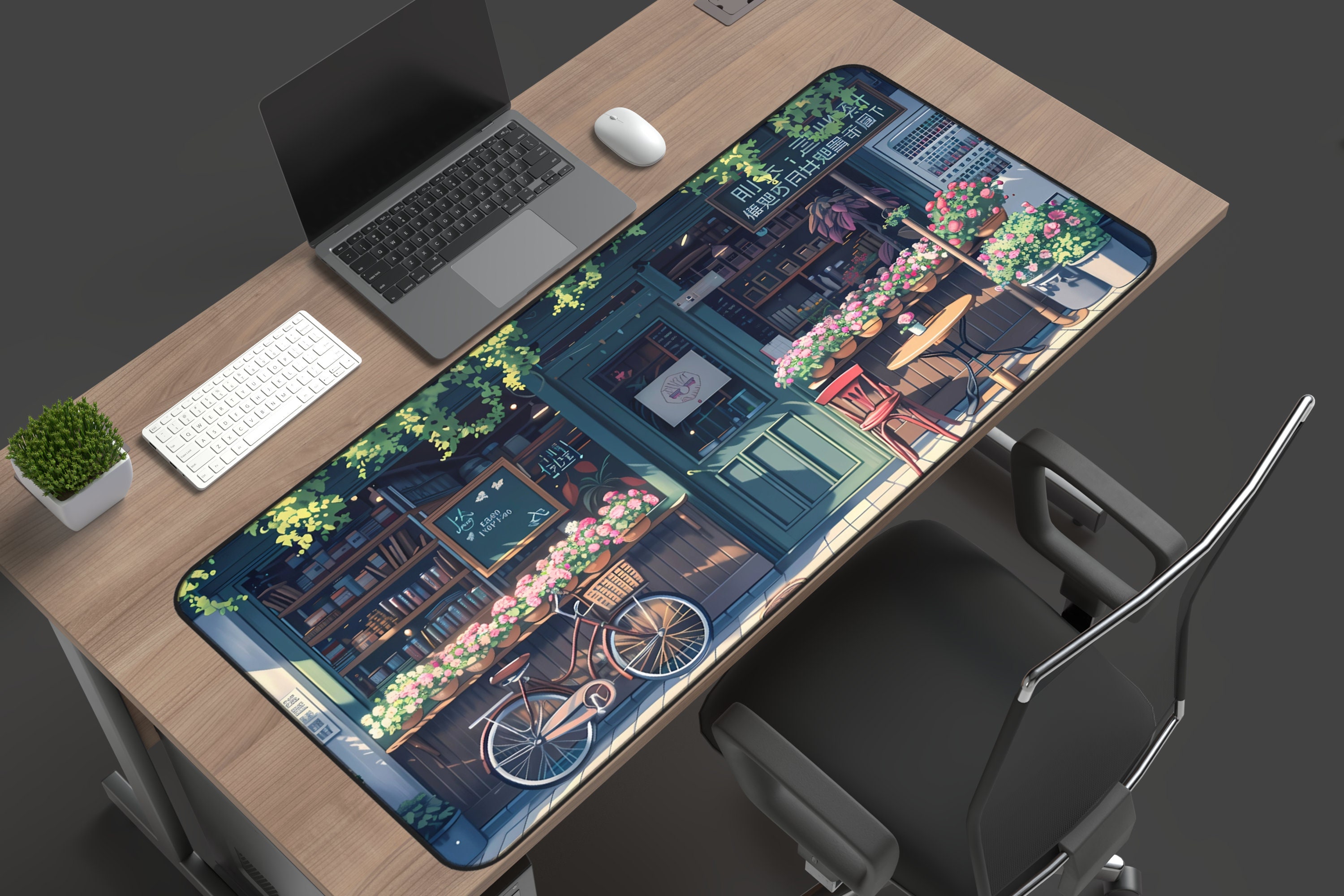 Vintage Bookstore Café Scene Desk Mat, Japanese Desk Mat, Bookstore ...