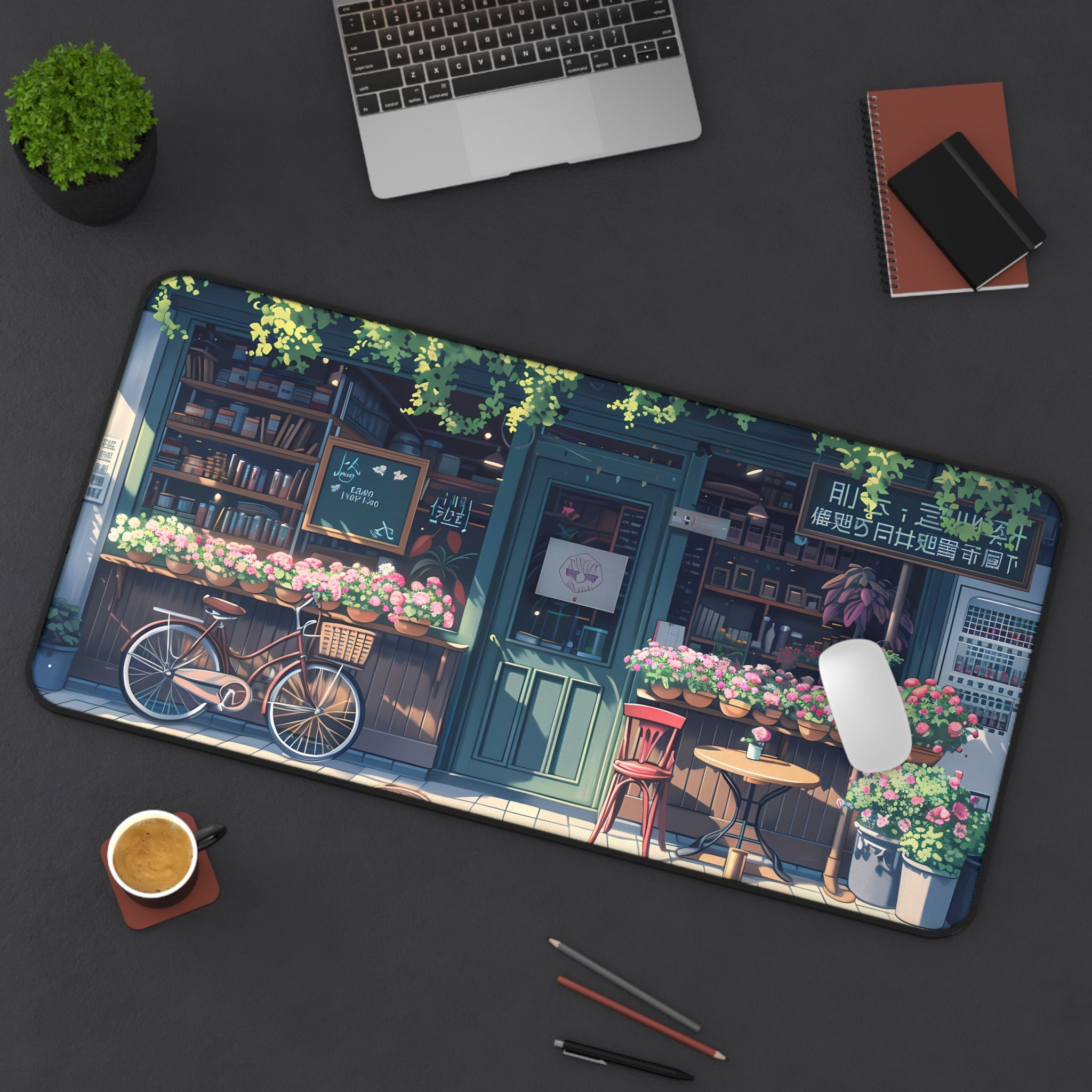 Vintage Bookstore Café Scene Desk Mat, Japanese Desk Mat, Bookstore ...