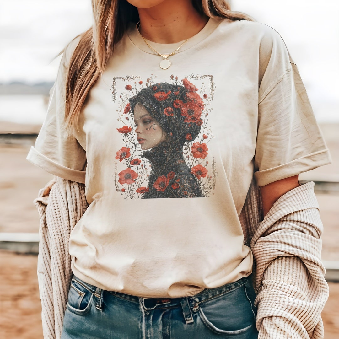 Gothic Floral Woman T-shirt, Dark Art Poppy Flowers Design, Stylish ...