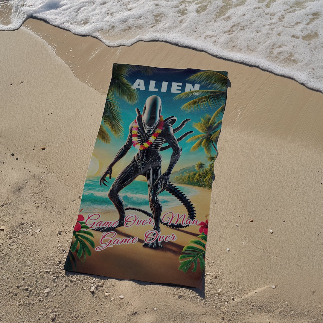 Alien Beach Towel Retro game Over, Man Scene Sci-fi Summer Fun Unique ...