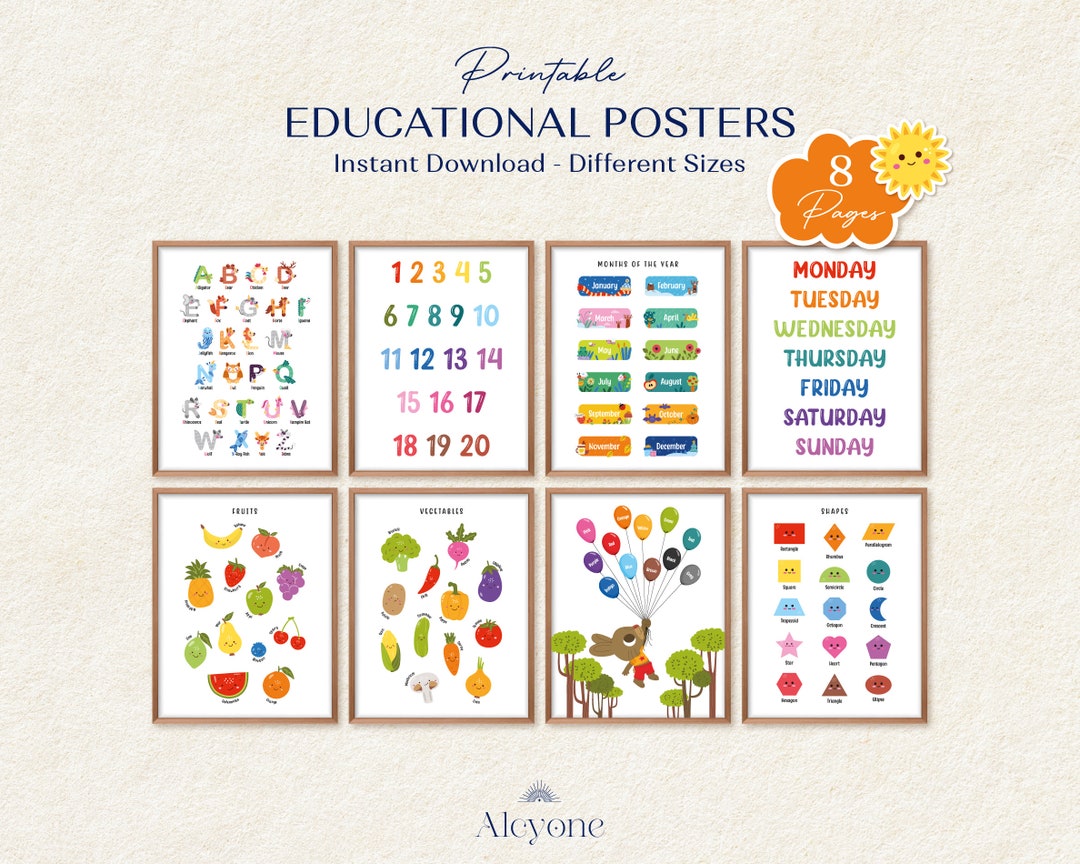 Set of 8 Educational Posters for Kids, Printable Learning Wall Art for ...