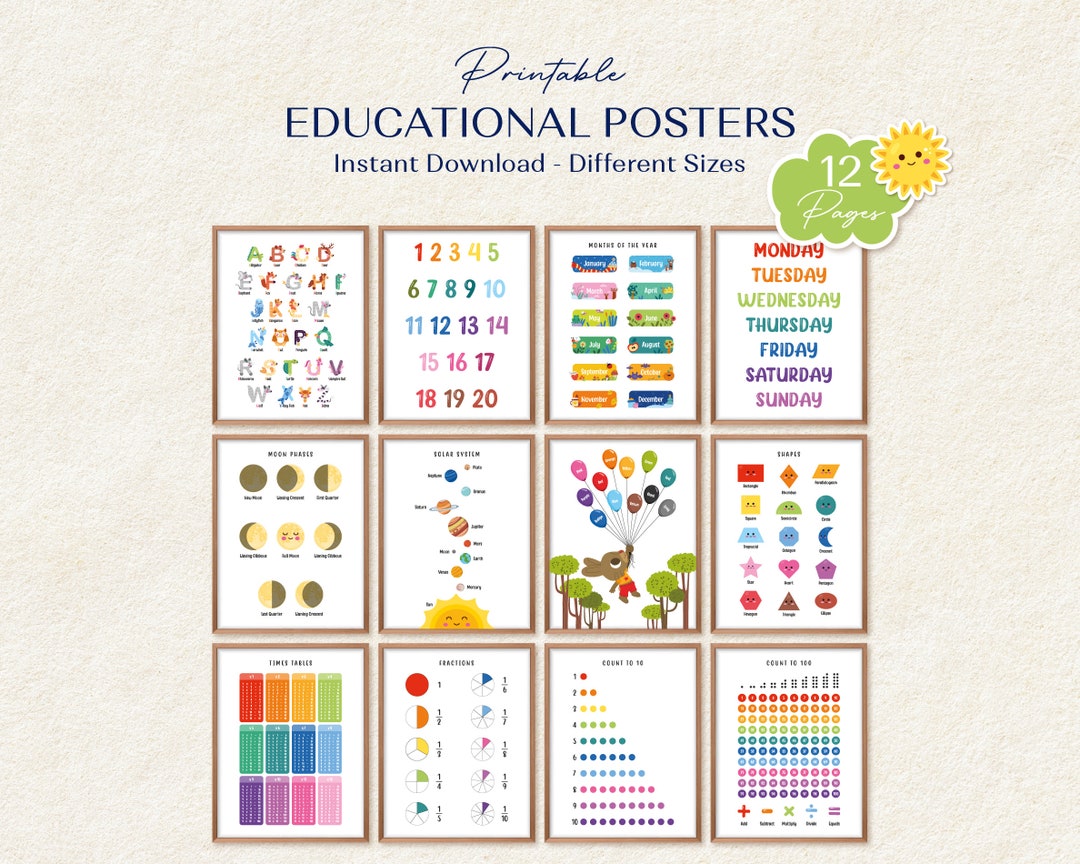Set of 12 Educational Posters for Kids, Printable Learning Wall Art for ...