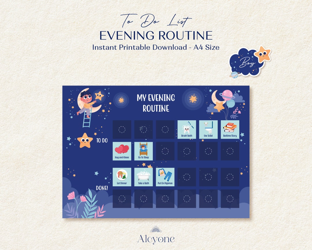Kids Evening Routine Chart, Printable Bedtime Checklist, Night Visual ...