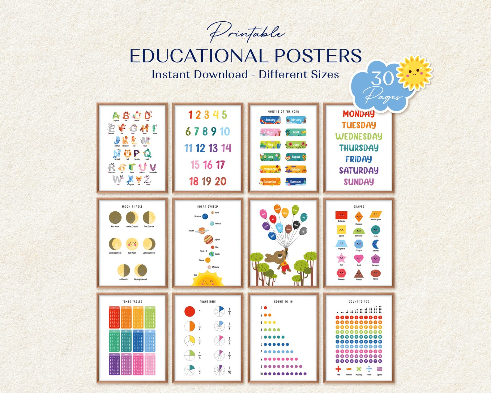 Set of 30 Educational Posters for Kids, Printable Learning Wall Art for ...