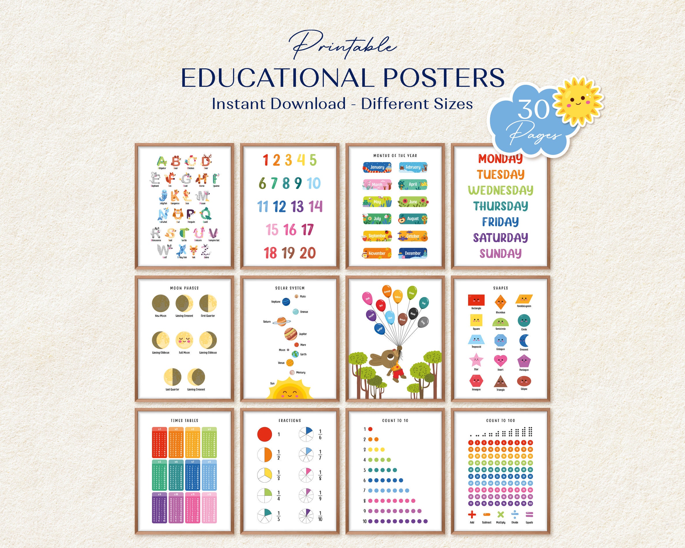 Set of 30 Educational Posters for Kids, Printable Learning Wall Art for ...