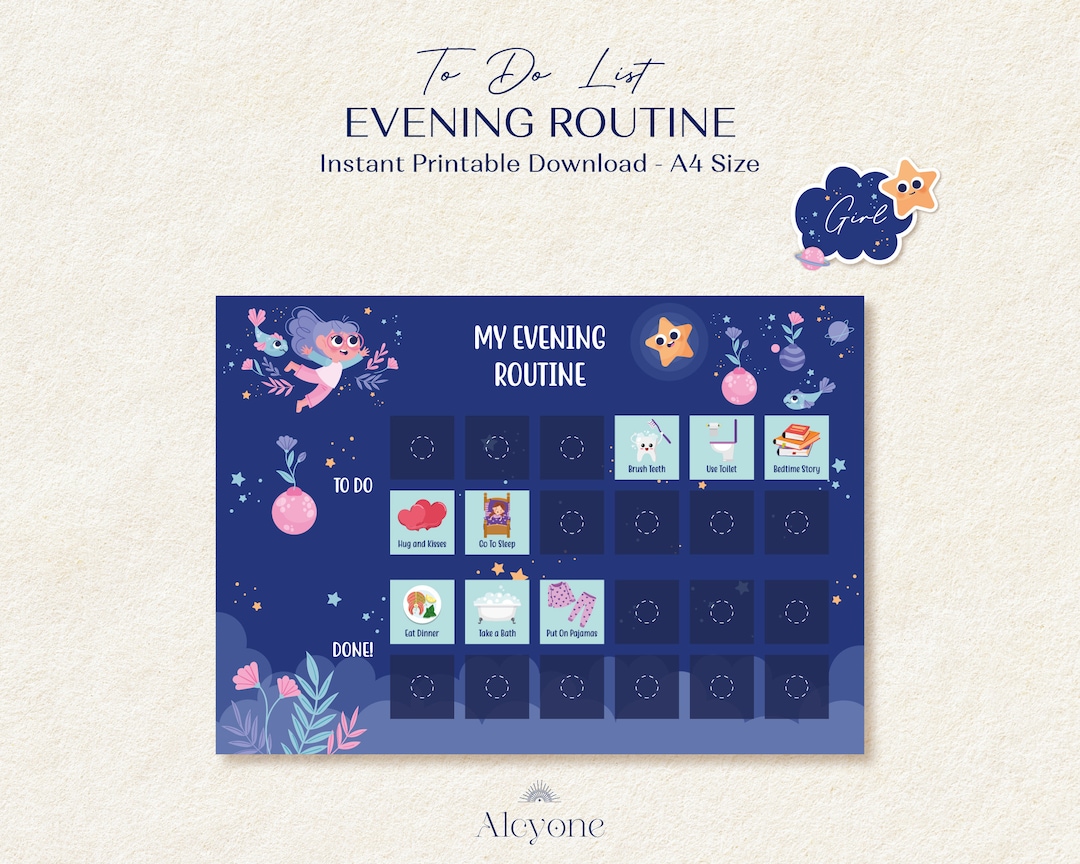 Kids Evening Routine Chart, Printable Bedtime Checklist, Night Visual ...