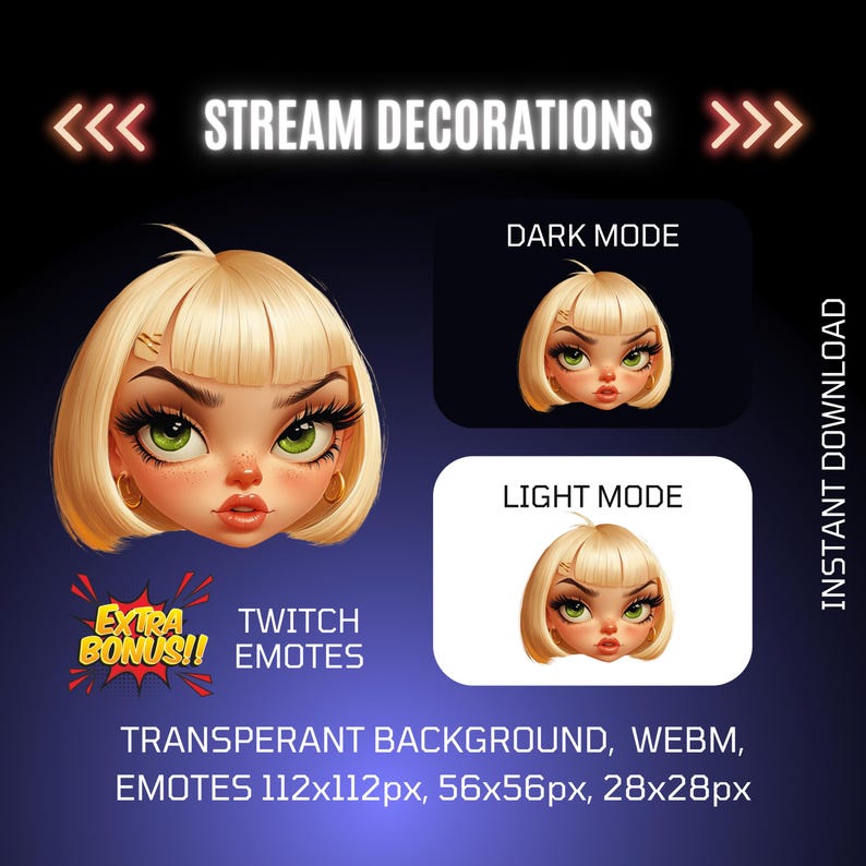 5 Animated Female Heads Twitch Stream Decors, Overlays & Emotes Bundle ...