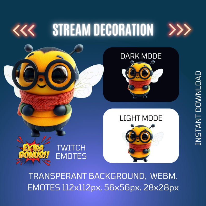 Kawaii 3D Bee With Glasses Stream Decoration, Twitch Animated Overlay ...