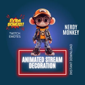 Happy Cartoon Nerd Monkey Kawaii Stream Decoration, Twitch Animated ...
