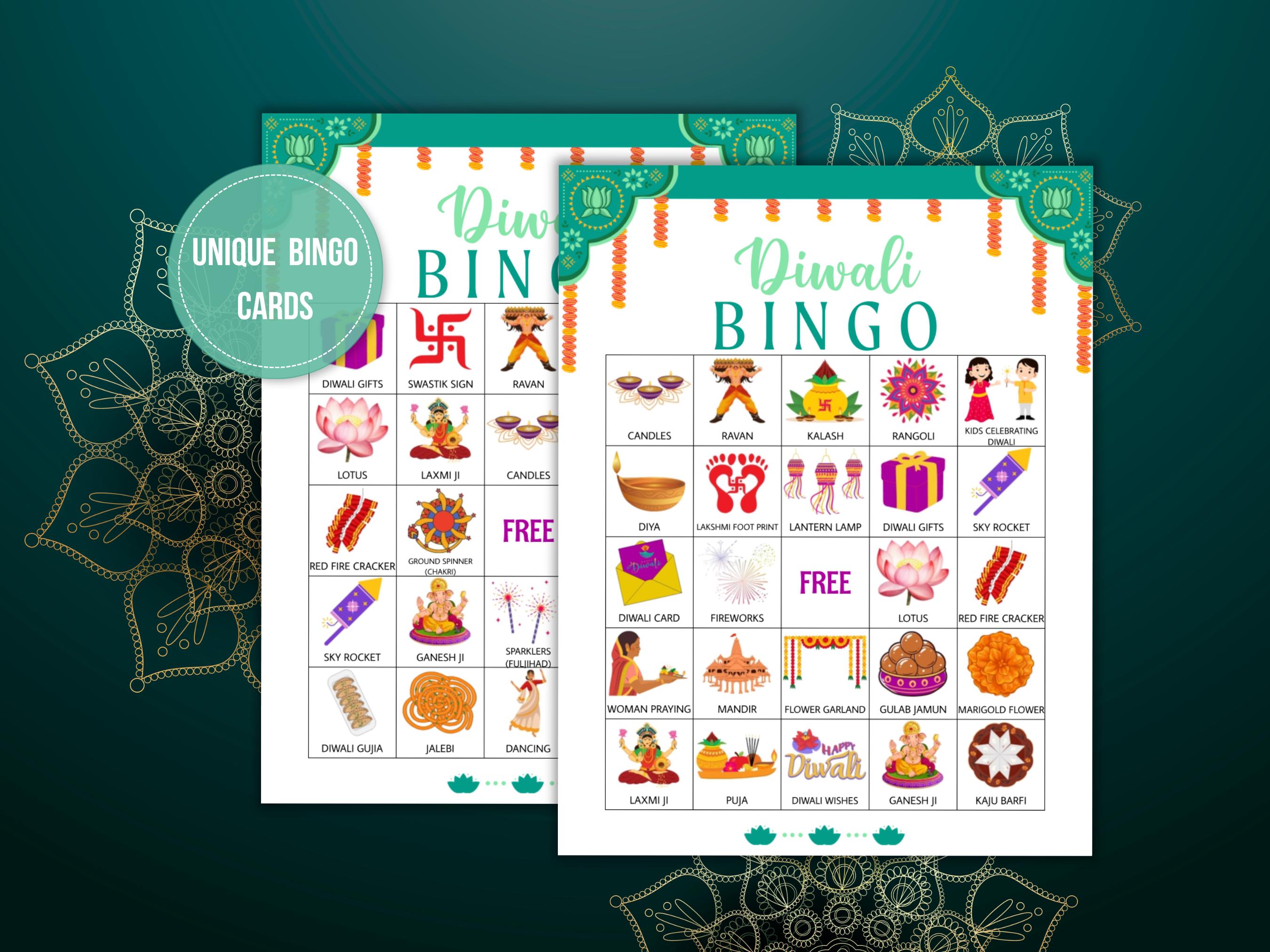 Diwali Bingo, 50 Diwali Bingo Cards, Diwali Games, Party for Kids ...