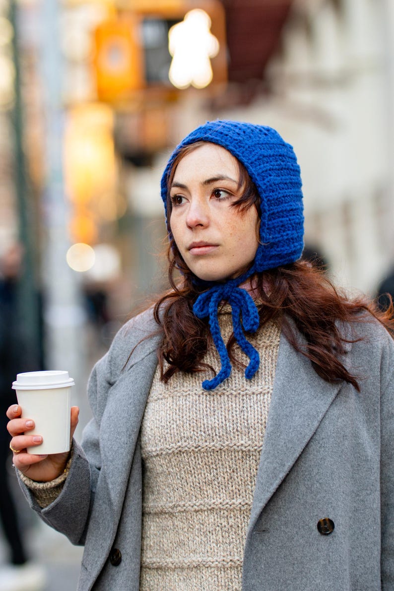 Crochet Adult Unisex Bonnet Hood, Handmade With Royal Blue, Cream White ...