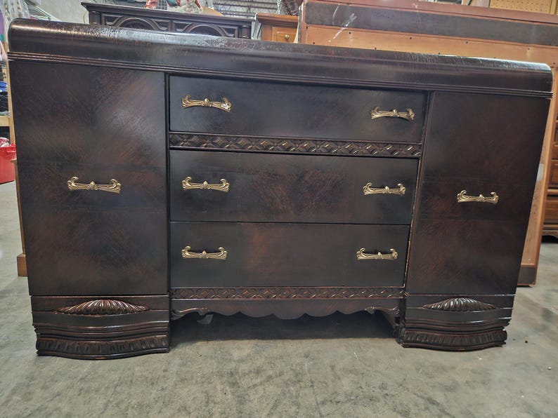 Vintage Waterfall Buffet Sideboard Dresser With Ornate Details and ...