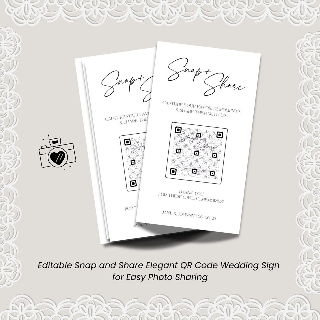 Editable Snap and Share Elegant QR Code Wedding Sign for Easy Photo ...
