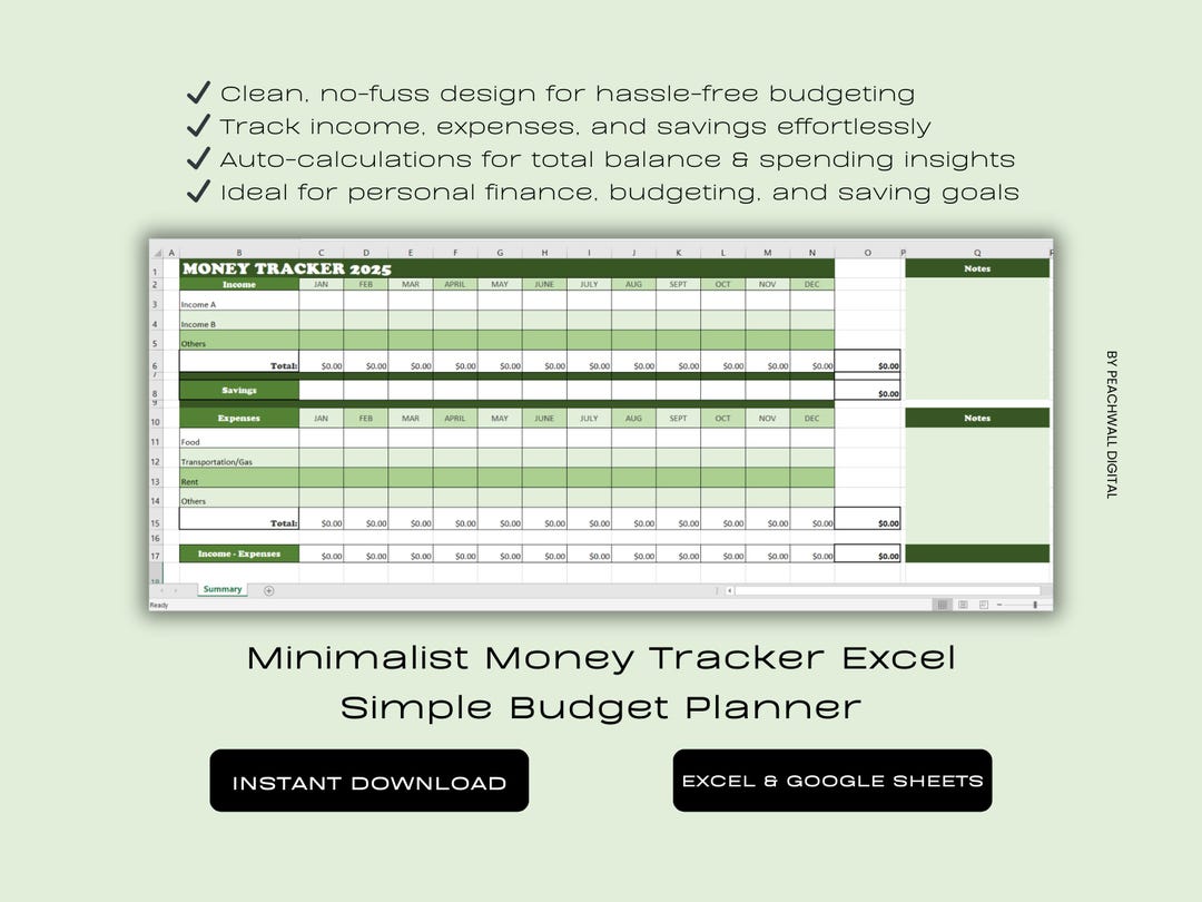 Minimalist Money Tracker Excel Sheet, Budget Tracker Excel Sheet, Monthly Income, Expenses ...