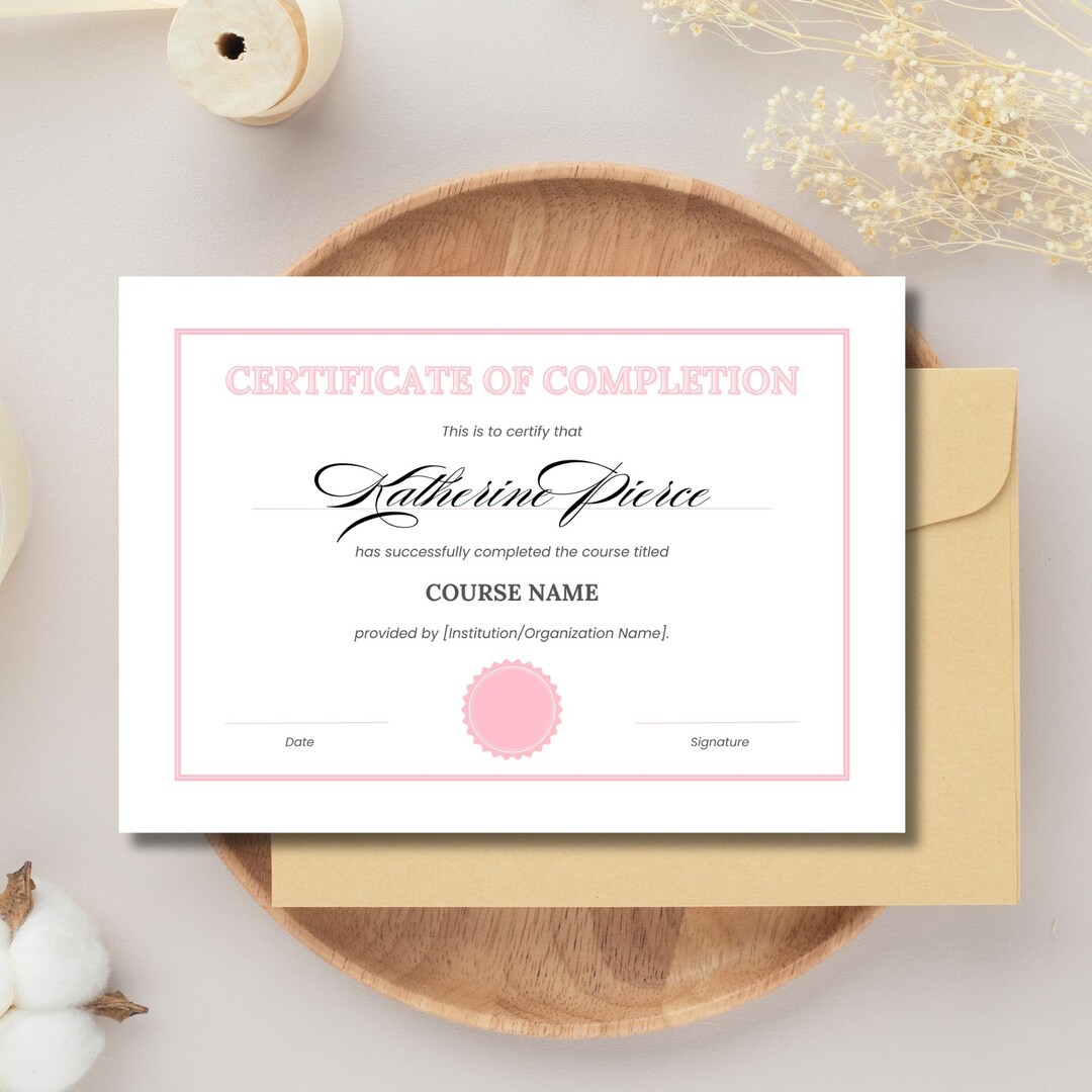 Pink Certificate of Completion Template, Editable Certificate Template ...