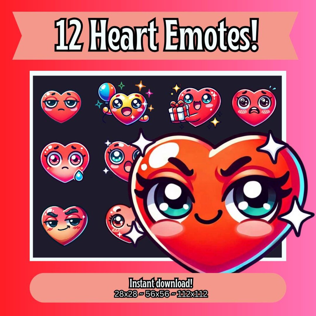 12 Cute Heart Twitch Emotes Pack - Love and Hype Chibi Emotes for ...