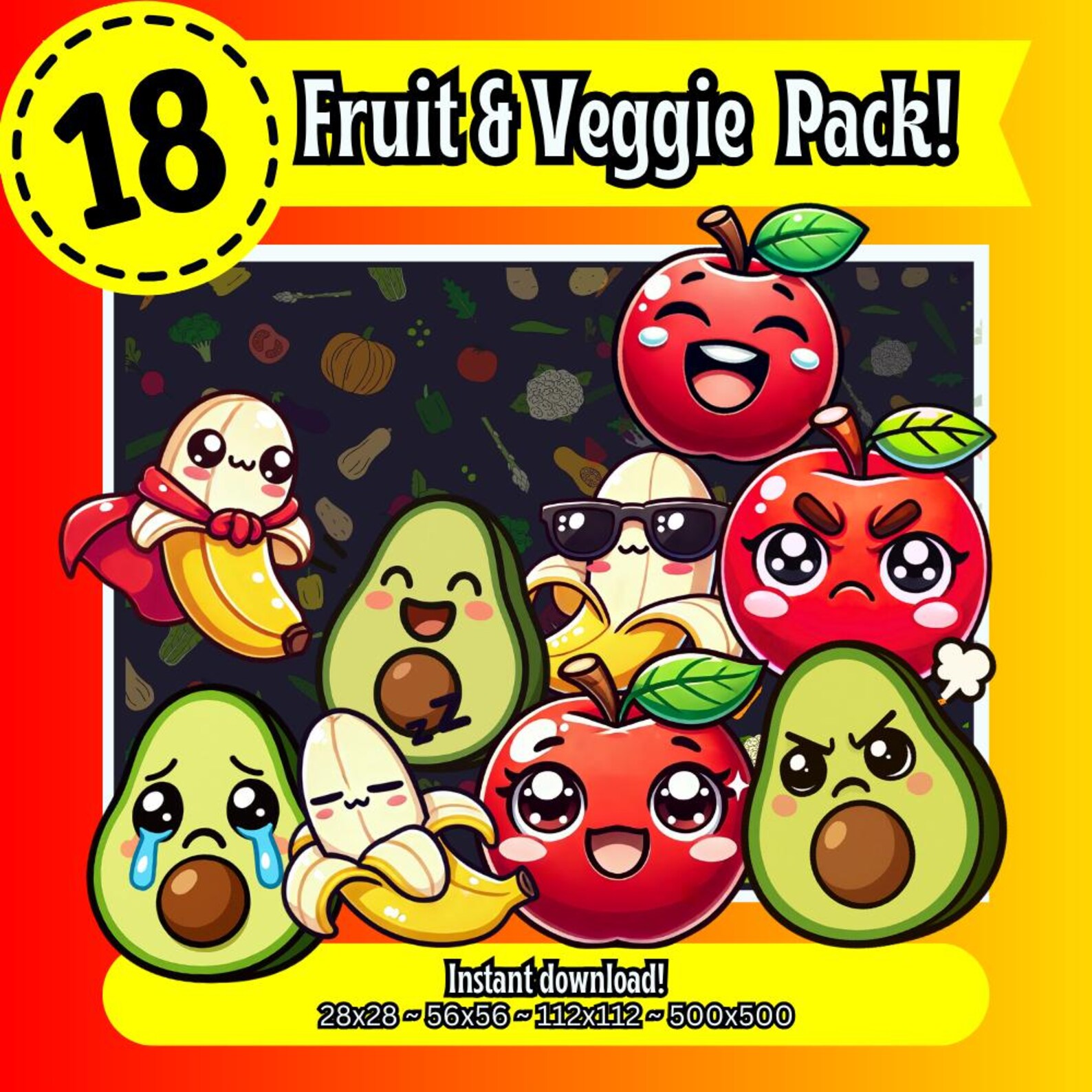 Chibi Fruit & Veggie Emote Pack: 18 Twitch Streamer Avatars (digital ...