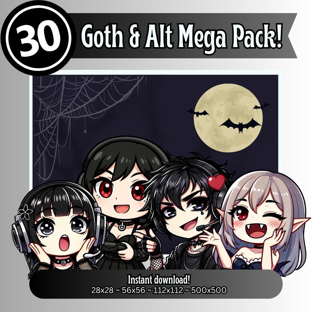 Goth Chibi Emote Pack: Alt Twitch, Discord, Vtuber Emojis (30 Emotes ...