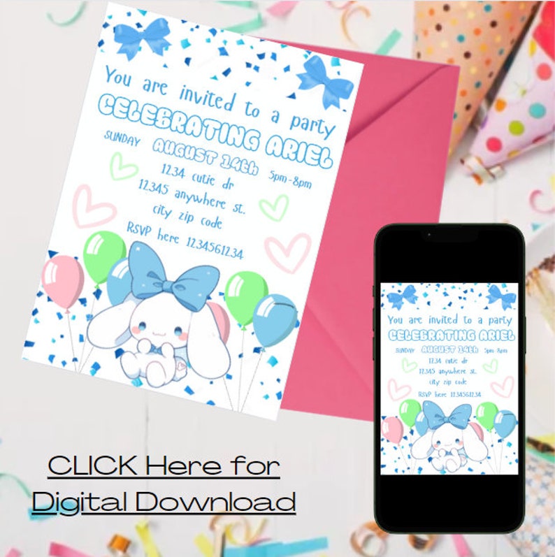 Cinnamo Roll Children's Birthday Invitation Template Kitty and Friends ...