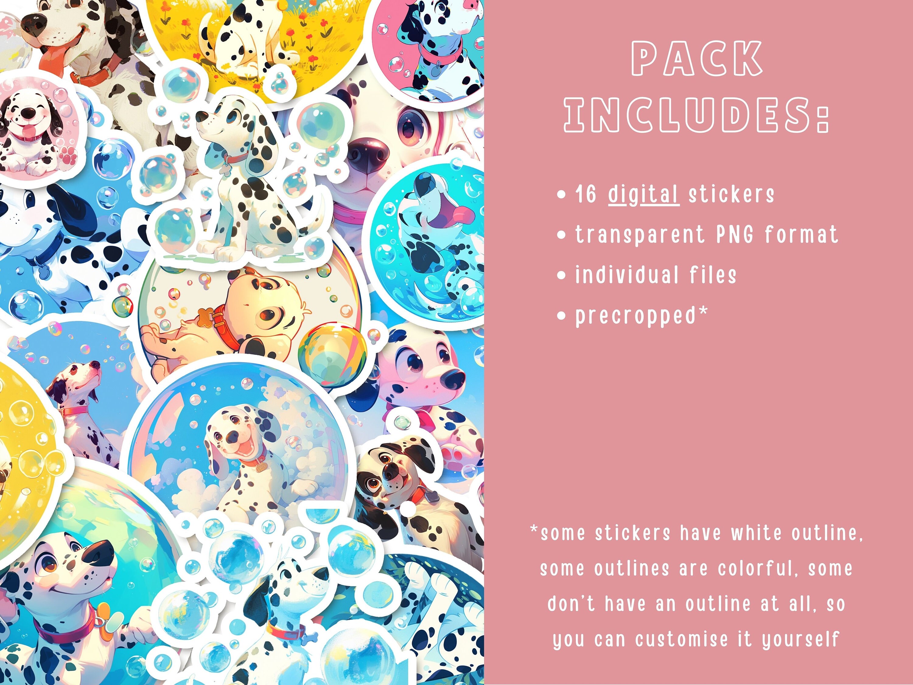 16 DALMATIAN BUBBLE STICKERS, Dog Digital Stickers, Digital Sticker ...