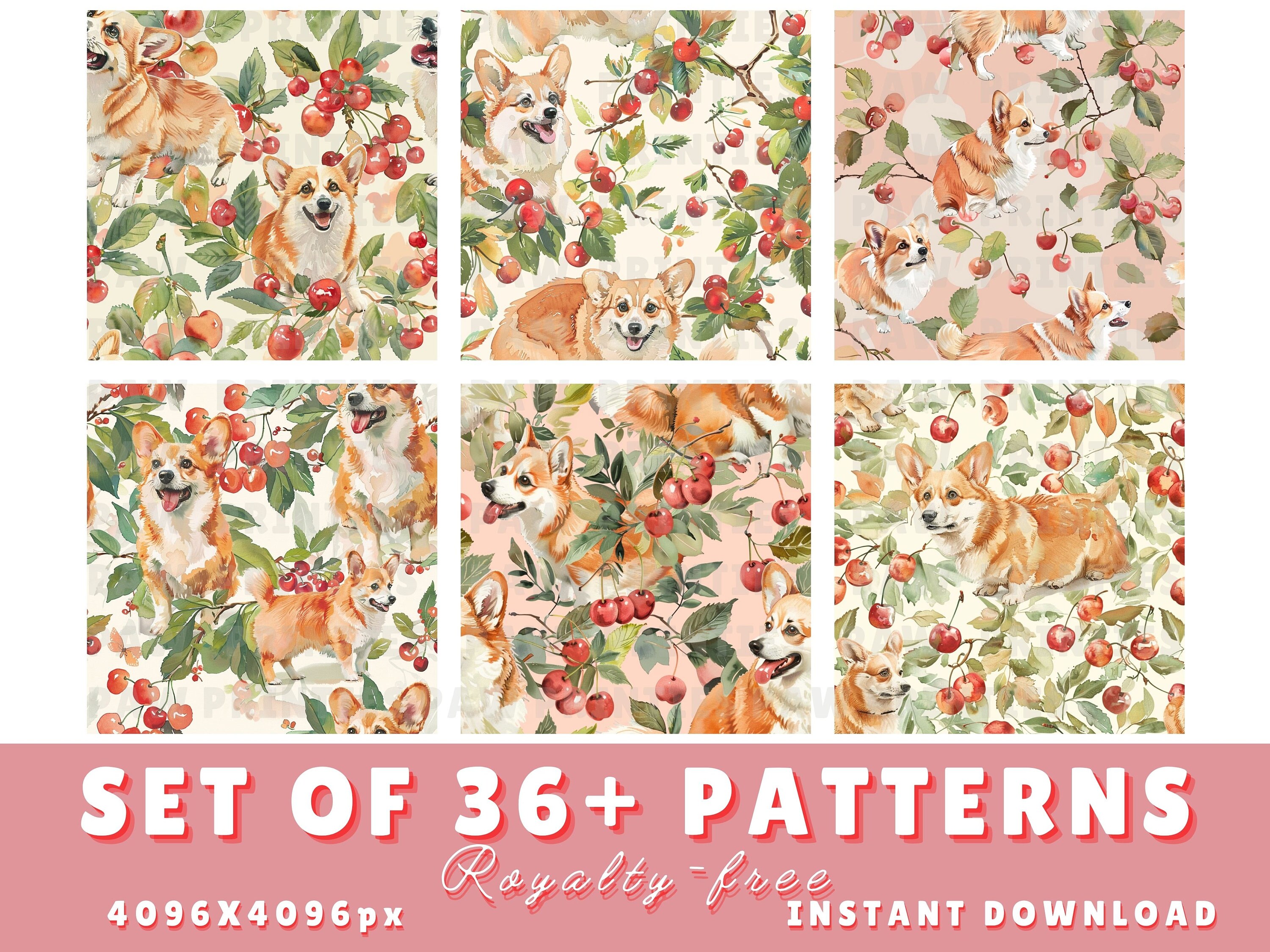 36 CORGI Seamless Pattern Designs, Cherry Theme, Dog Breeds, Digital ...
