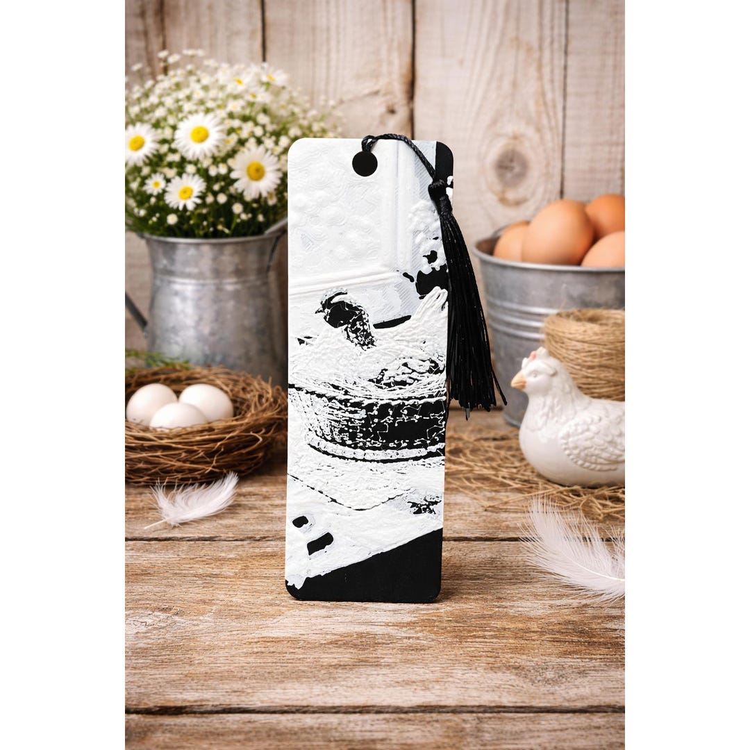 3D Printed Hen on Nest Black & White Bookmark Tassel Textured Farmhouse ...