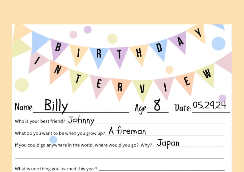 Kids Birthday Interview, Printable Bday Questionnaire, Birthday Form ...