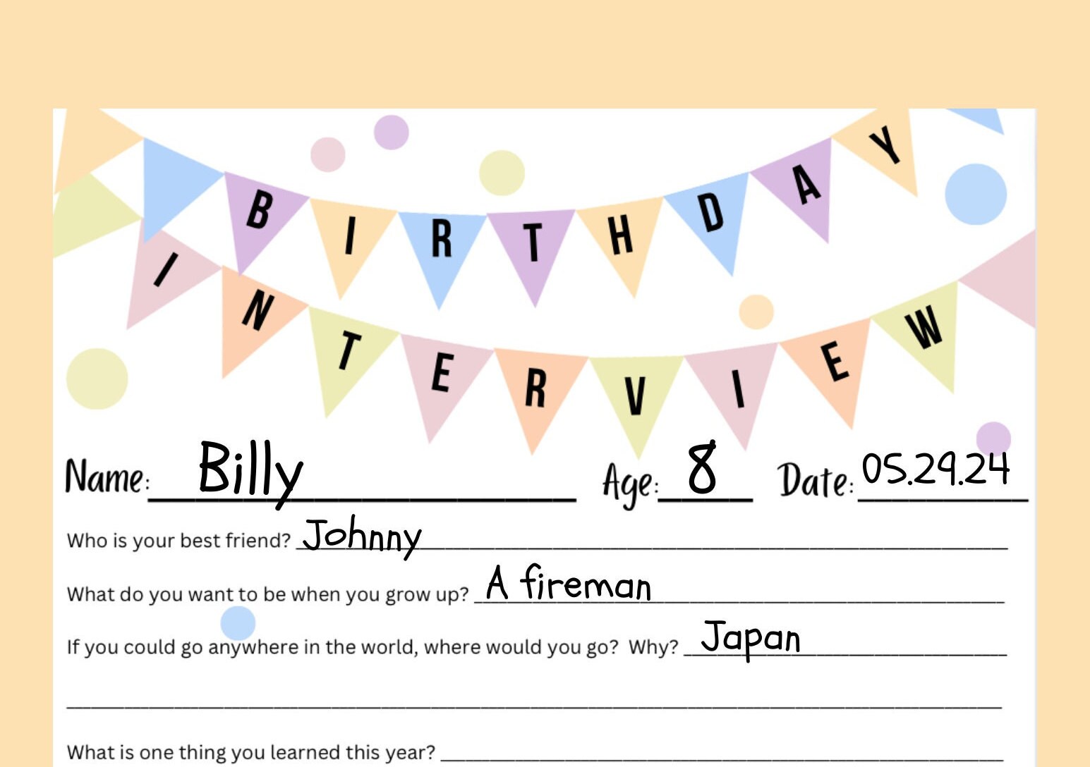 Kids Birthday Interview, Printable Bday Questionnaire, Birthday Form ...