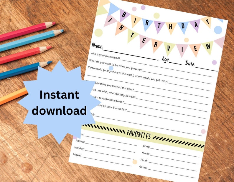 Kids Birthday Interview, Printable Bday Questionnaire, Birthday Form ...