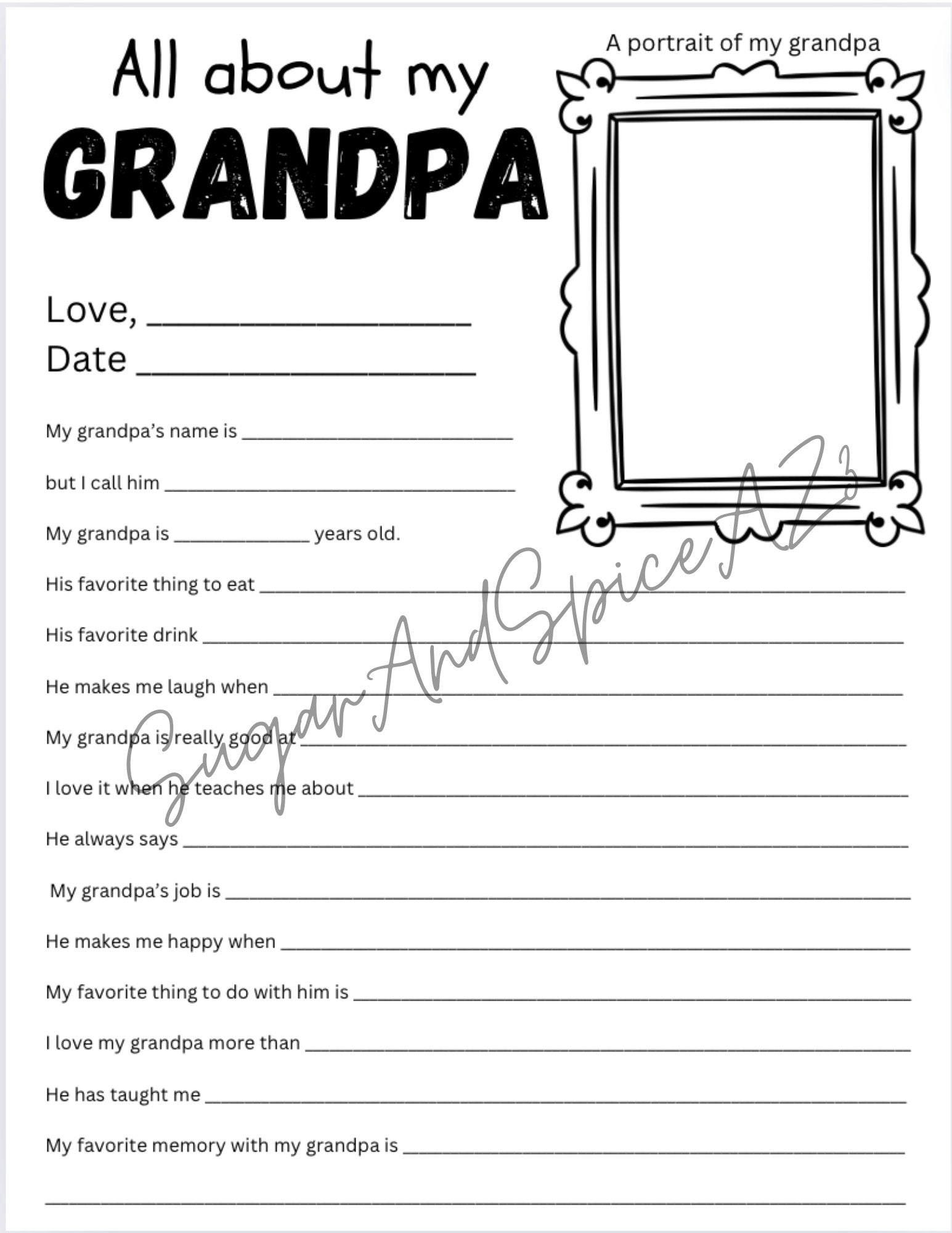 All About My Grandpa Questions Print, Instant Download, Papa Pops ...