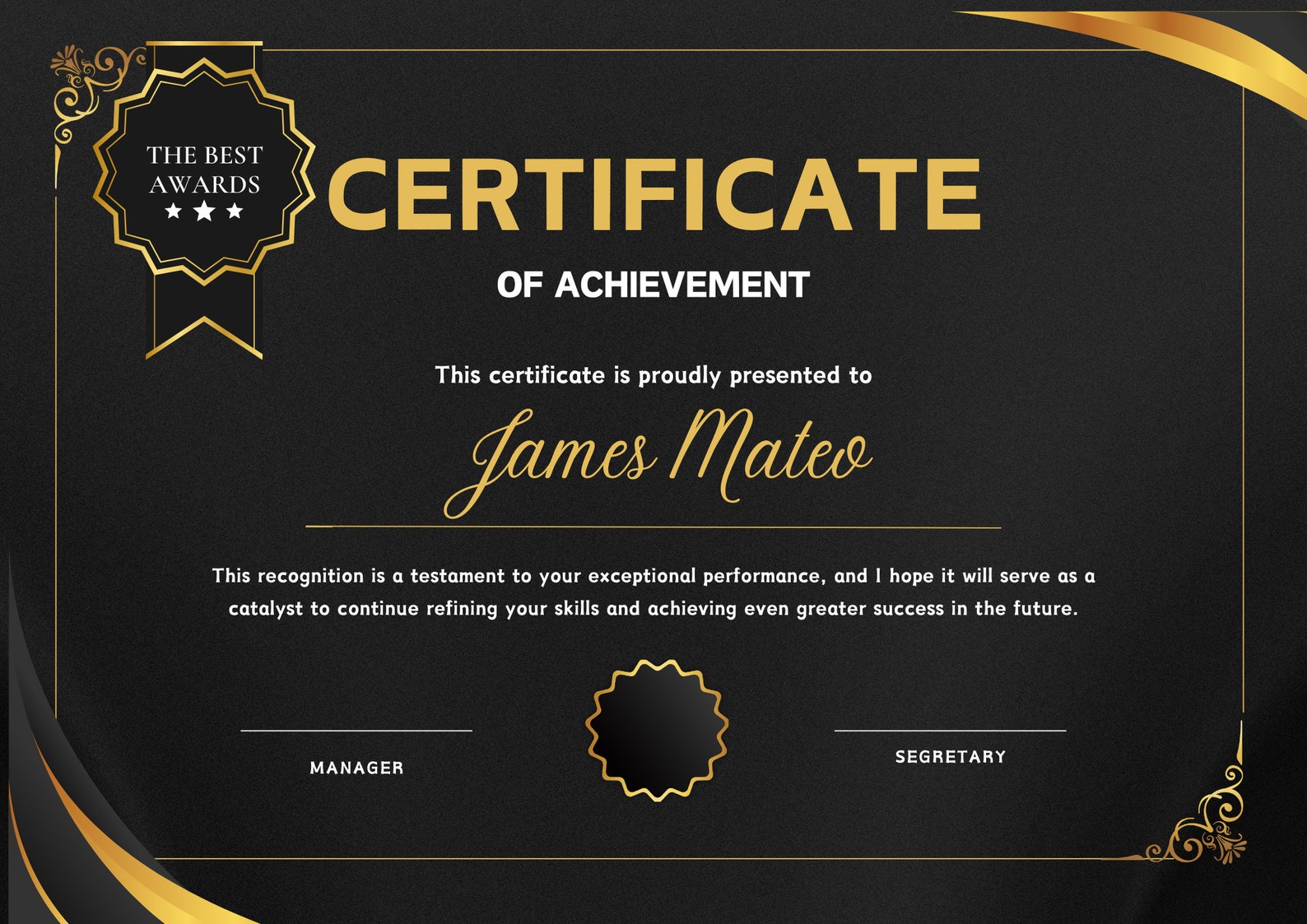 Exquisite Black & Gold Certificate of Achievement for Exceptional ...