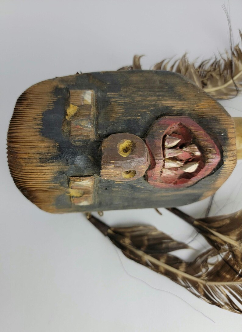 Vintage Hand Carved African Rattle With Leather, Feathers and Horsehair ...