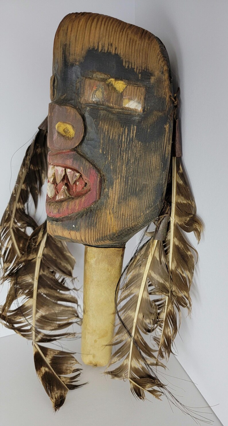 Vintage Hand Carved African Rattle With Leather, Feathers and Horsehair ...