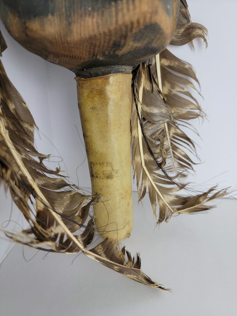 Vintage Hand Carved African Rattle With Leather, Feathers and Horsehair ...