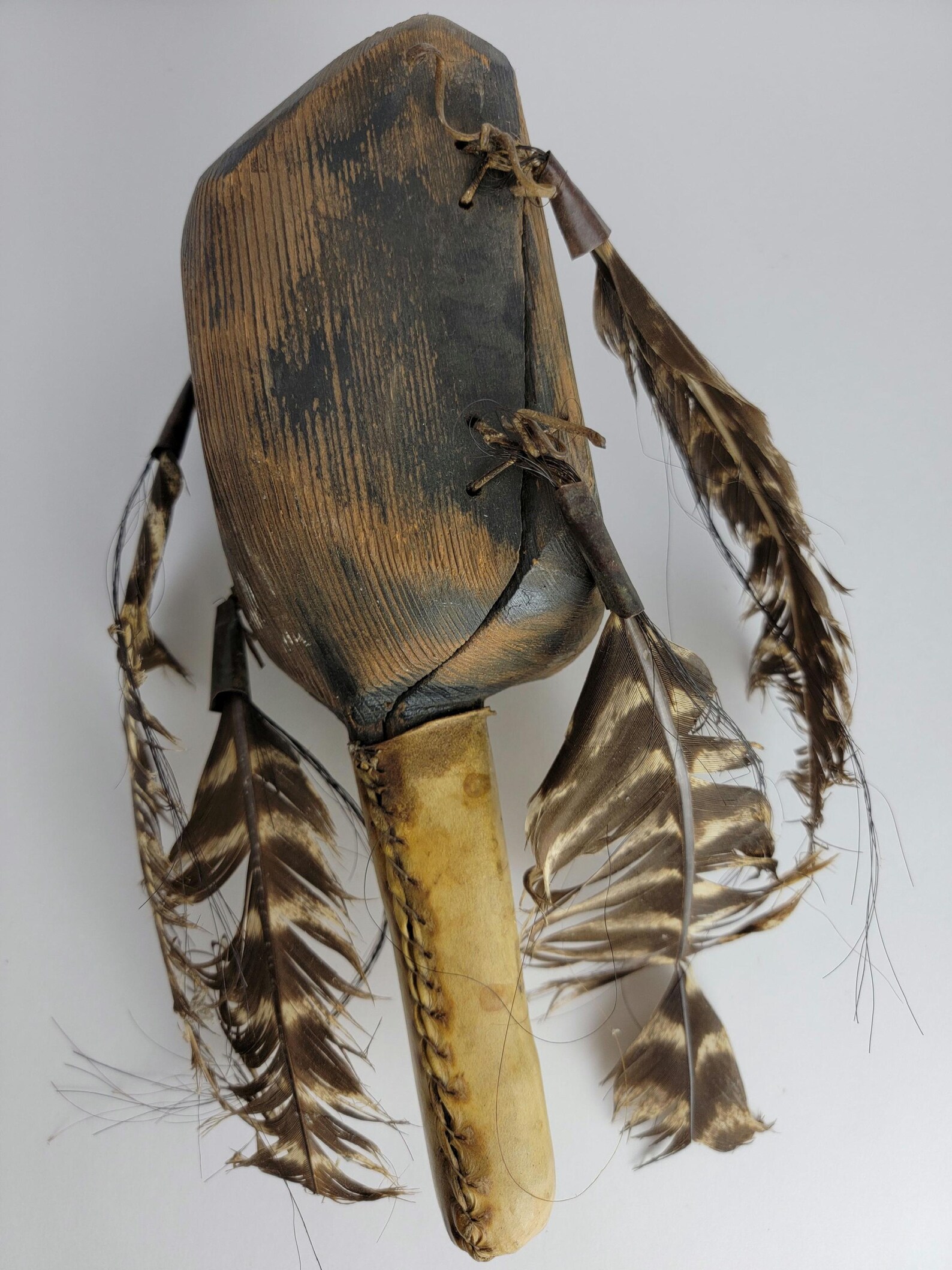 Vintage Hand Carved African Rattle With Leather, Feathers and Horsehair ...