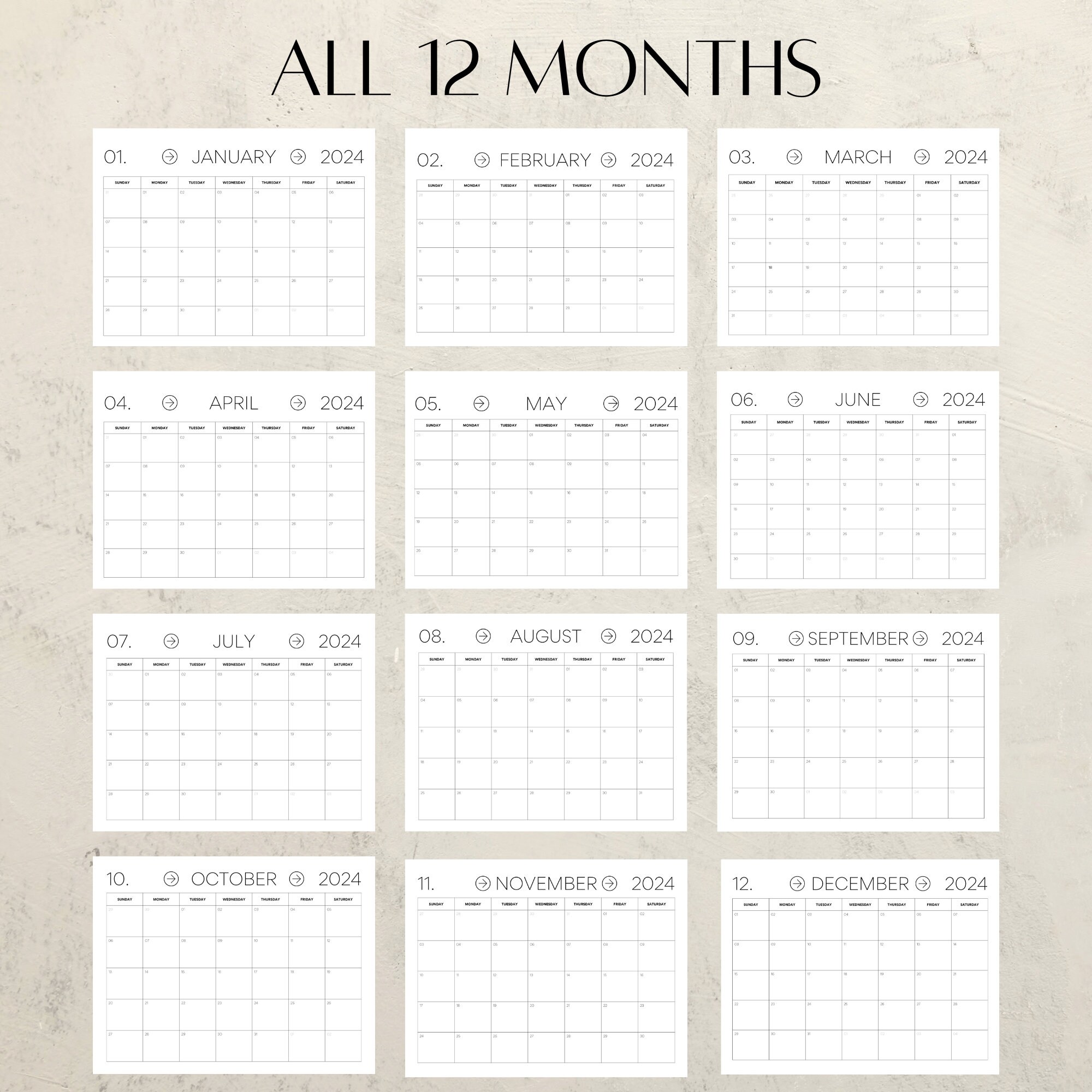 Printable Calendar for 2024, PDF Dated Monthly Calendar, Sunday Start ...