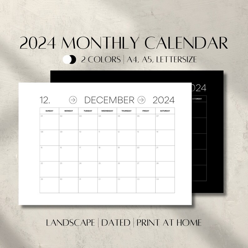 Printable Calendar for 2024, PDF Dated Monthly Calendar, Sunday Start ...