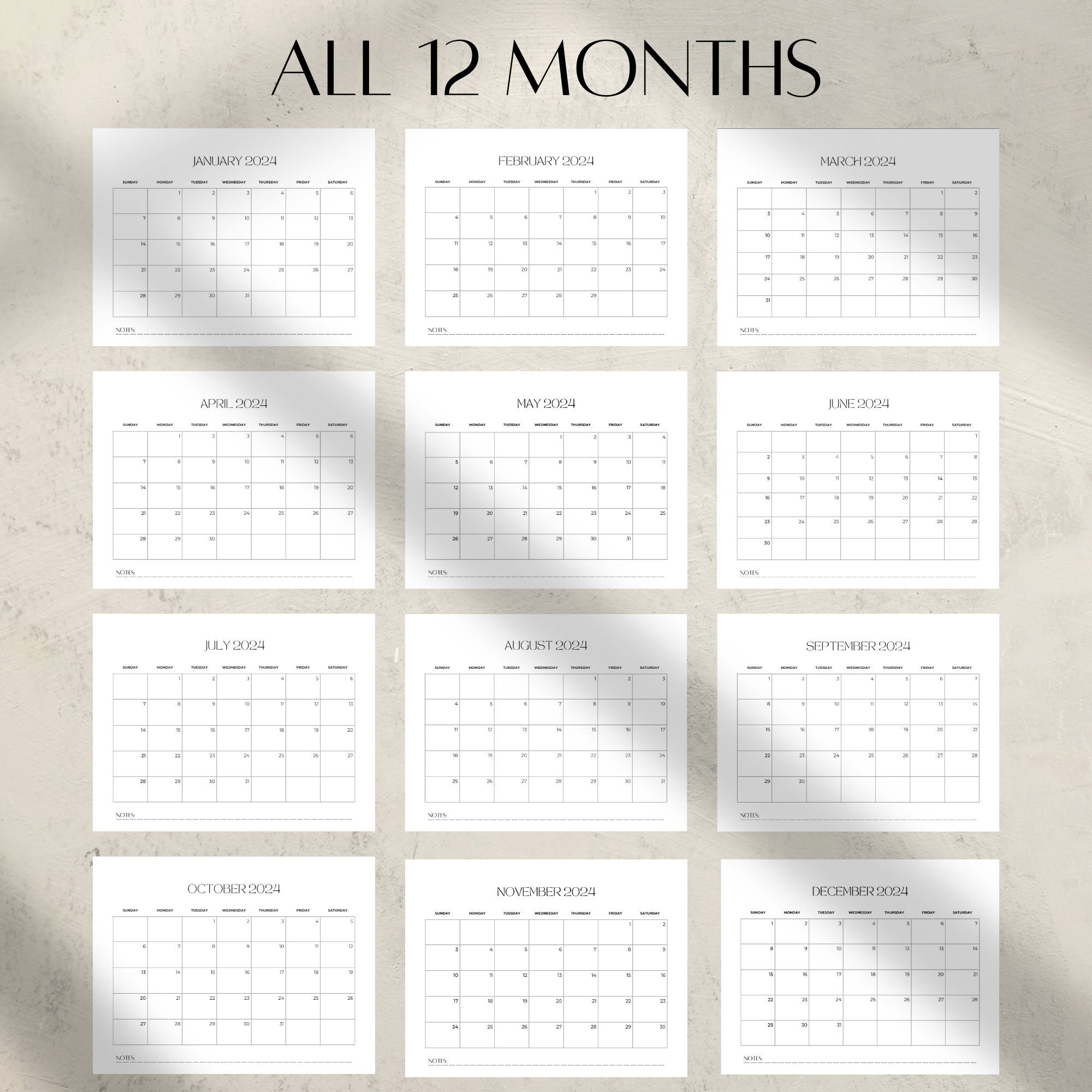 Printable Digital Calendar 2024, PDF Files Dated Monthly Calendar ...