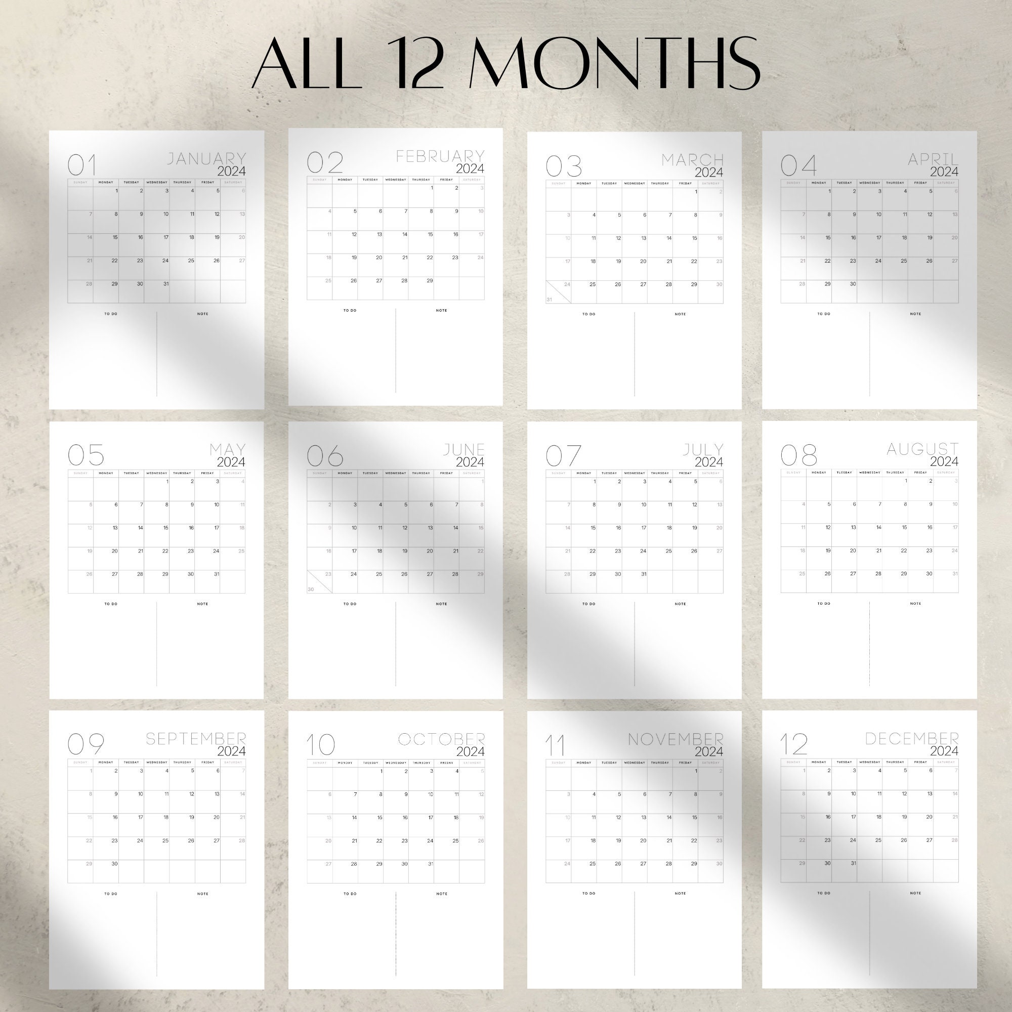 Minimalist Digital Calendar 2024, Printable PDF Dated Monthly Calendar ...