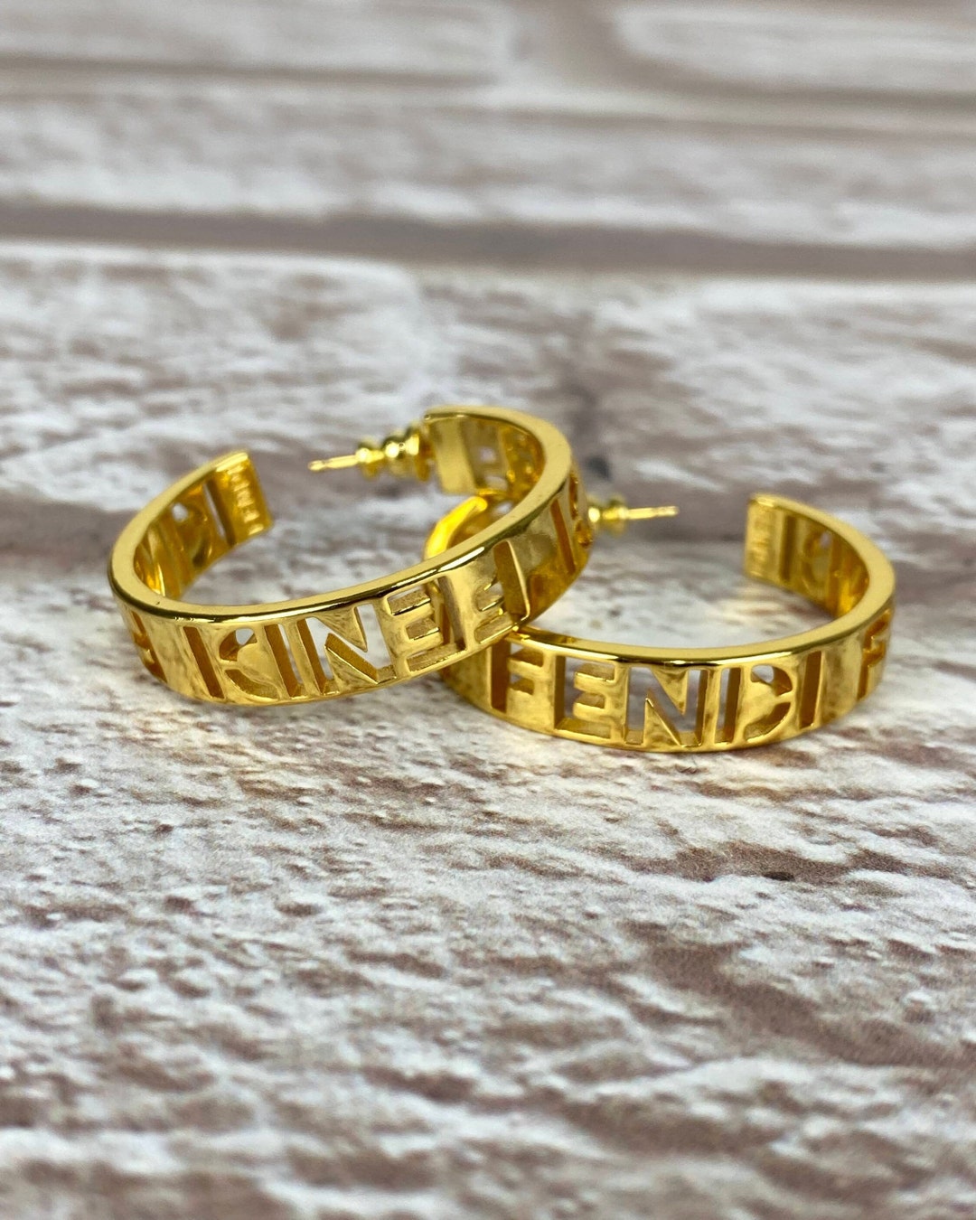 Vintage Women's Gold Fendi Hoop Earrings Retro Glam Fashion Statement ...