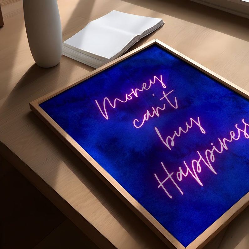 Royal Blue Neon money Cant Buy Happiness Wall Print, Typography Wall ...