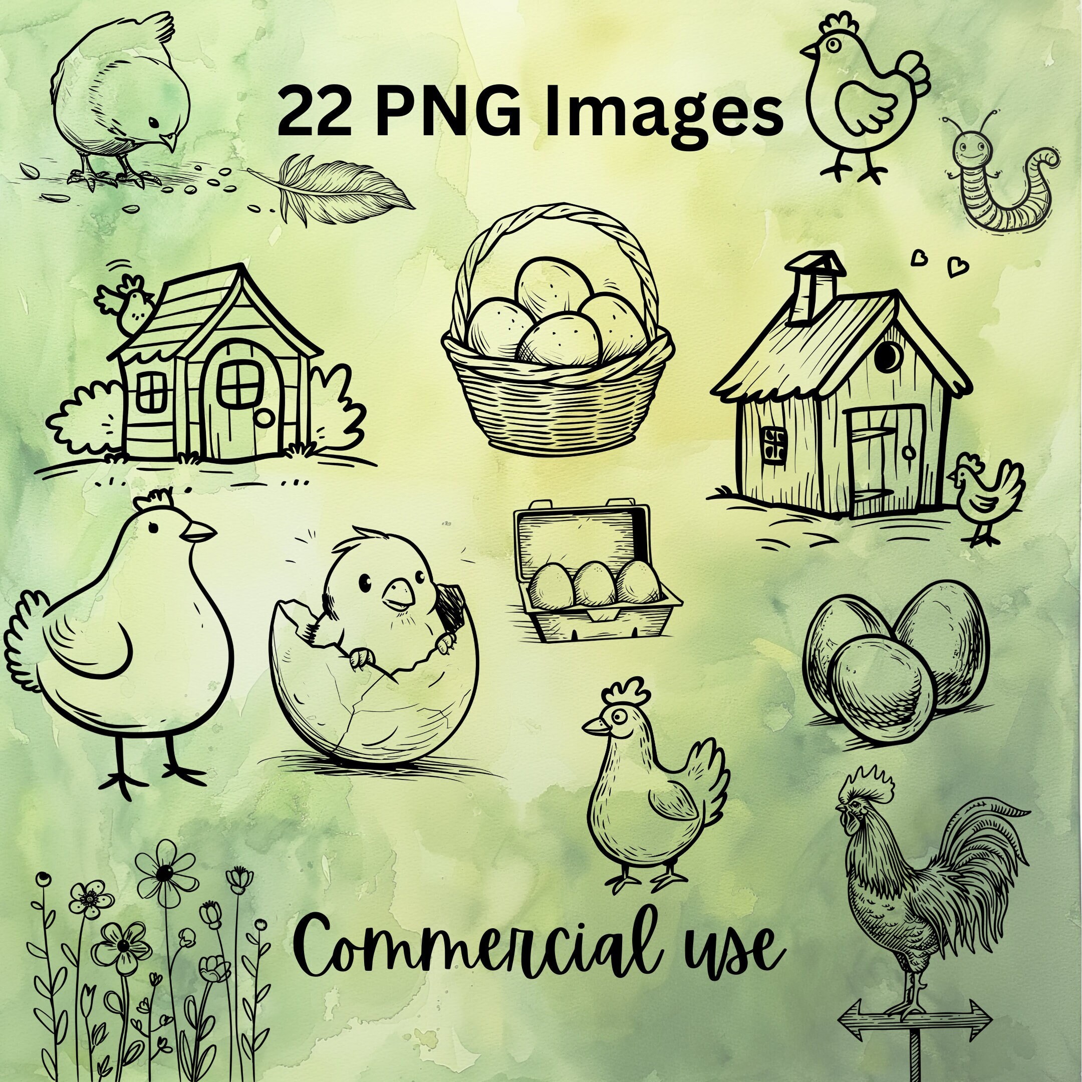 Chicken Clipart Set - Chicken Coop, Chickens, Chicks, Flowers, Hi Res ...