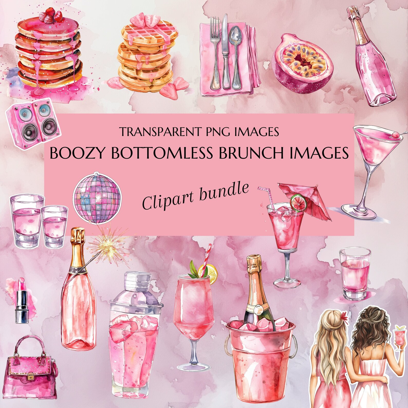Boozy Bottomless Brunch Clipart, Set of 35 PNG Images, Watercolour Pink ...