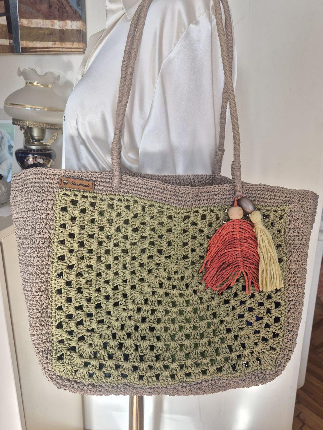 Large Unlined Shoulder Bag Handwoven From Paper Rope, Lightweight Boho ...